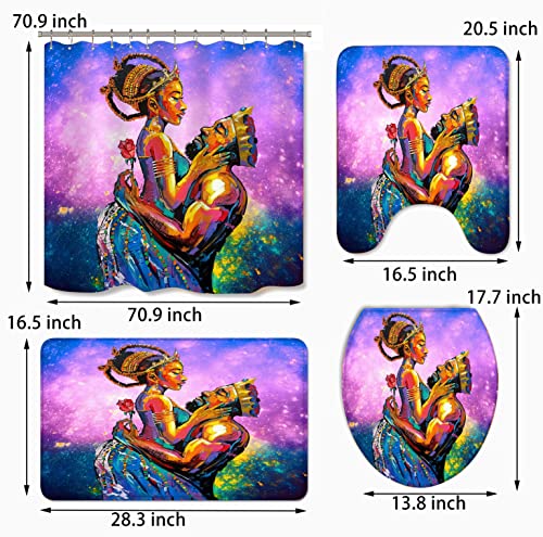 Traditional African American Shower Curtains for Bathroom, African Bathrooom Sets with Shower Curtain and Rugs, Black Girl Shower Curtain Bathroom Set (Violet)
