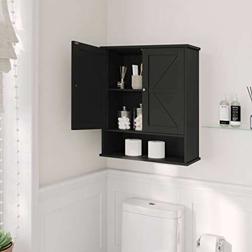 Reettic Two Door Wall Cabinet, Wooden Medicine Cabinet, Wall Mounted Bathroom Storage Cabinet with Inner Adjustable Shelf, for Bathroom, Kitchen, Entryway, Black BMGZ103B