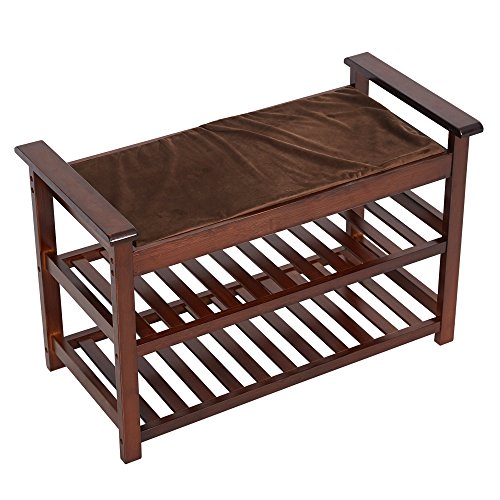 LUCKYERMORE 2-Tier Wood Shoe Rack Bench with Cushion Seat Storage Bench Sturdy Bamboo Storage Shelf Entryway Shoe Organizer for Hallway Bathroom Living Room