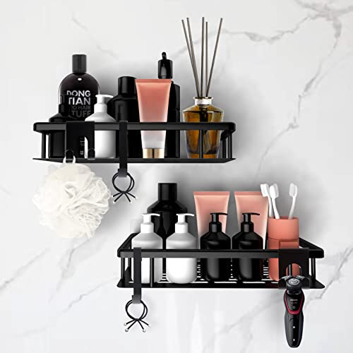 GYSHICAI Shower Caddy Shelf Rack 2Pack, Black Shower Caddy Racks for Inside Shower, Self Adhesive Shower Shelves Bathroom Wall Mount with Hooks, Shower Storage Shampoo Holder Organizer for Rv Steel