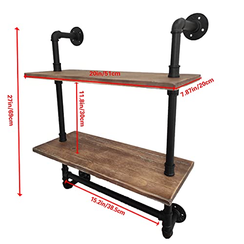 LooftMate Industrial Pipe Shelf,2 Tiered Metal Towel Racks for Bathroom,20" Industrial Pipe Floating Shelves Shelving,Rustic Wood Wall Mount Shelf with Towel Bar,Iron Towel Holder