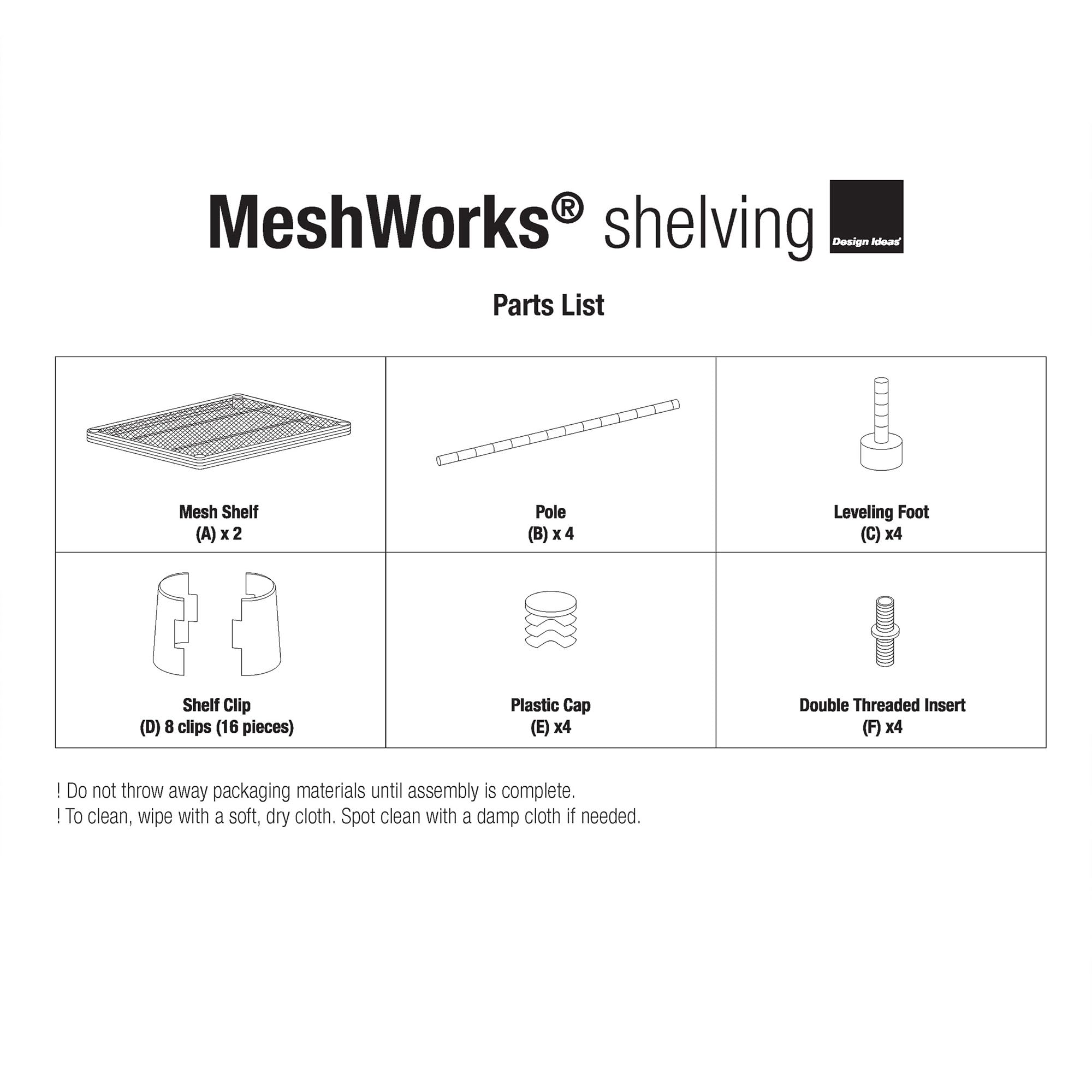 Design Ideas MeshWorks, 2-Tier Steel Shelving Rack, 440lb Capacity Per Shelf, White