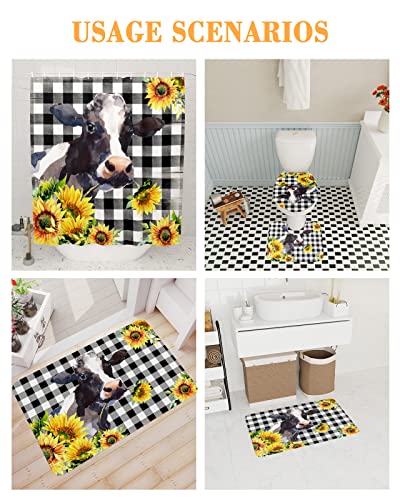 Fangship 4 Piece Shower Curtain Sets Farm Cow and Sunflower Black and White Buffalo Plaid Include Non-Slip Rug,Toilet Lid Cover,Bath Mat and Hooks Durable Waterproof Shower Curtain Set for Bathroom