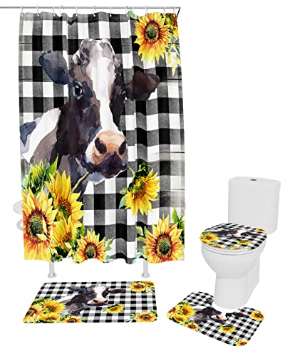 Fangship 4 Piece Shower Curtain Sets Farm Cow and Sunflower Black and White Buffalo Plaid Include Non-Slip Rug,Toilet Lid Cover,Bath Mat and Hooks Durable Waterproof Shower Curtain Set for Bathroom