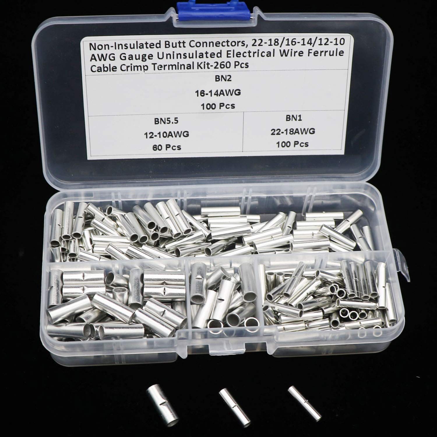 Zovfam 260 Pcs Non Insulated Butt Connectors 22-18/16-14/12-10 AWG Gauge Uninsulated Electrical Wire Ferrules Cable Crimp Terminal Kit for Electrical Splice DIY