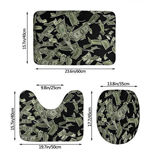 WONDERTIFY 3D Dollars Bathroom Antiskid Pad Hundred Money Falling 3 Pieces Bathroom Rugs Set, Bath Mat+Contour+Toilet Lid Cover