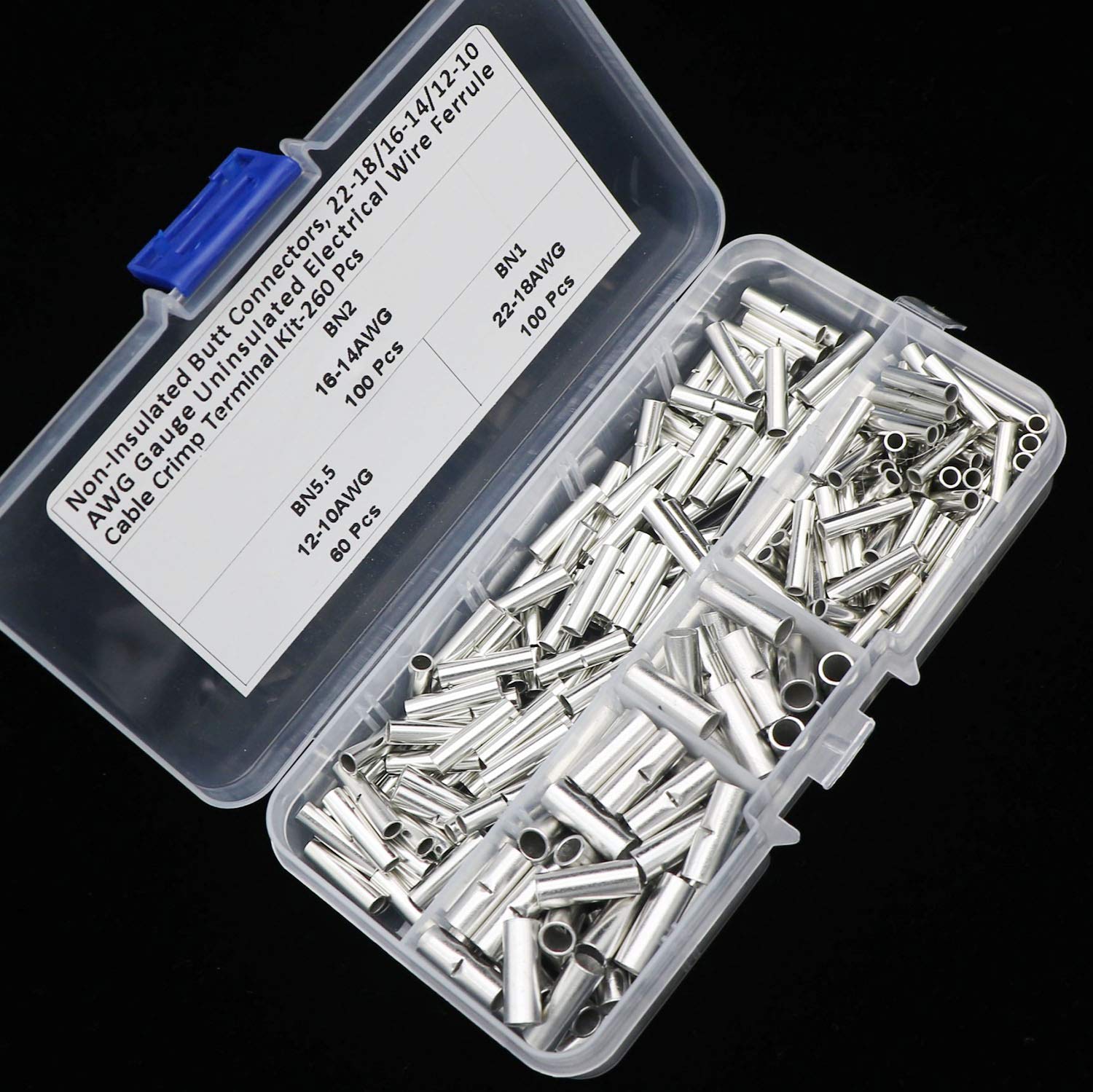 Zovfam 260 Pcs Non Insulated Butt Connectors 22-18/16-14/12-10 AWG Gauge Uninsulated Electrical Wire Ferrules Cable Crimp Terminal Kit for Electrical Splice DIY