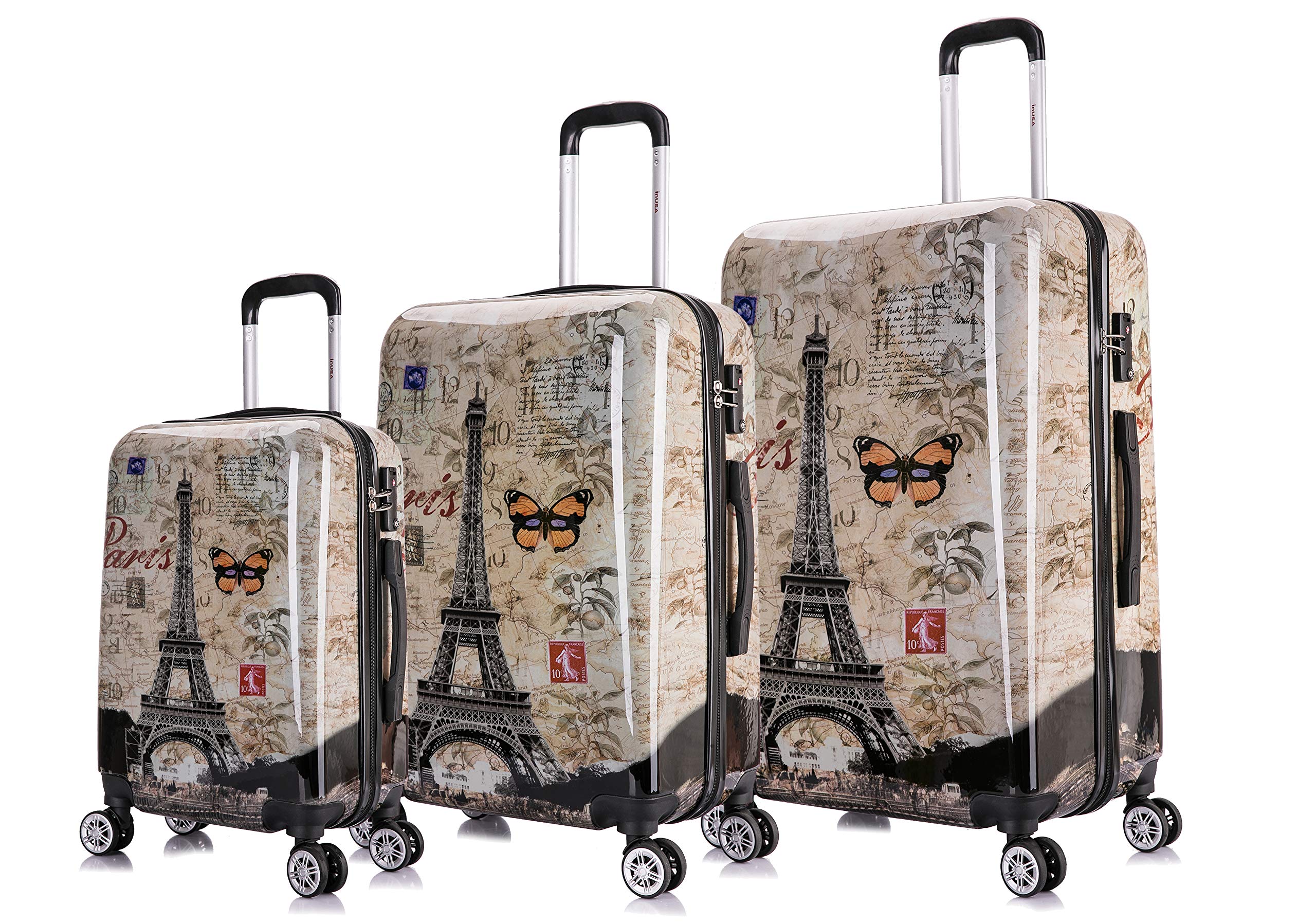 InUSA Paris Print Luggage with Spinner Wheels | Durable Lightweight Hardside Suitcase | Travel Bag with Handle and Trolley | (20in, 24in, 28in) 3 Piece Set