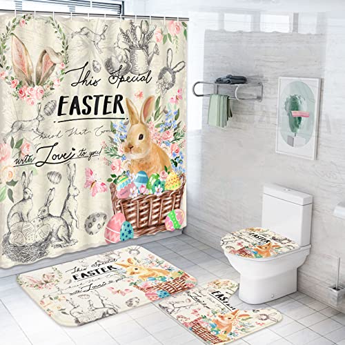 4 Pcs Easter Shower Curtain Sets with Non-Slip Rugs, Toilet Lid Cover, Bath Mat and 12 Hooks, Pink Rose Bunny Rabbit and Easter Eggs Spring Shower Curtains for Easter Day Bathroom Decoration