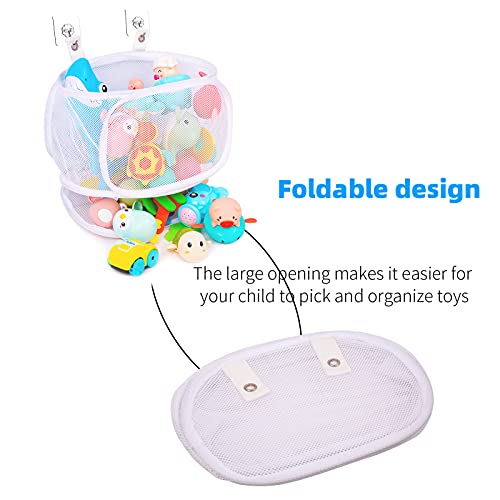 AMZKEIO 2 x Bath Toy Storage, Bath Toy Organizer with Fixed Opening, Large Capacity Standing Bath Toy Holder, 8 Super Sticky Hooks, Quick-Drying Mesh Storage Bag with Bottom Zipper