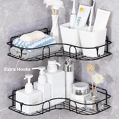 Benzoyl Adhesive Corner Shower Caddy Shelf, No Drilling Rustproof Bathroom Basket with Movable Hooks, Shower Shelf Wall Mounted Organizer for Bathroom, Toilet, Kitchen, Dorm, 8 Pack, Black