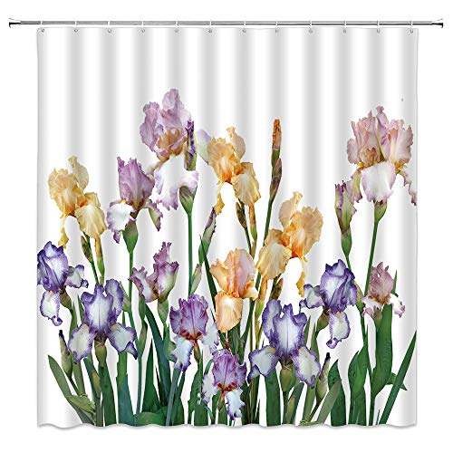 BOYIAN Flower Shower Curtain German Iris Floral Decor Spring Nature Theme Green Leaves Purple Fabric Bath Curtains Bathroom Accessories Polyester with Plastic Hooks 70x70 Inch