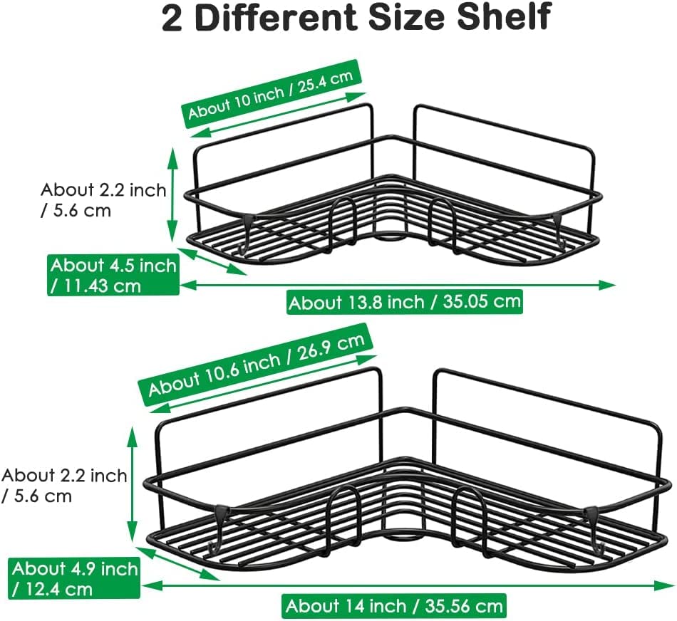 Benzoyl Adhesive Corner Shower Caddy Shelf, No Drilling Rustproof Bathroom Basket with Movable Hooks, Shower Shelf Wall Mounted Organizer for Bathroom, Toilet, Kitchen, Dorm, 8 Pack, Black