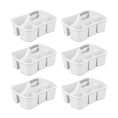 Sterilite Versatile Multi Use Large Home Divided Plastic Storage Tote Caddy with 4 Compartments and Carry Handle for Bathrooms, Dorms, White (6 Pack)