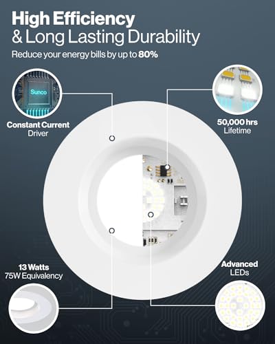 Sunco 4 Pack Retrofit LED Recessed Lighting 6 Inch, 3000K Warm White, Dimmable Can Lights, Smooth Trim, 13W=75W, 965LM, Damp Rated - UL Certified