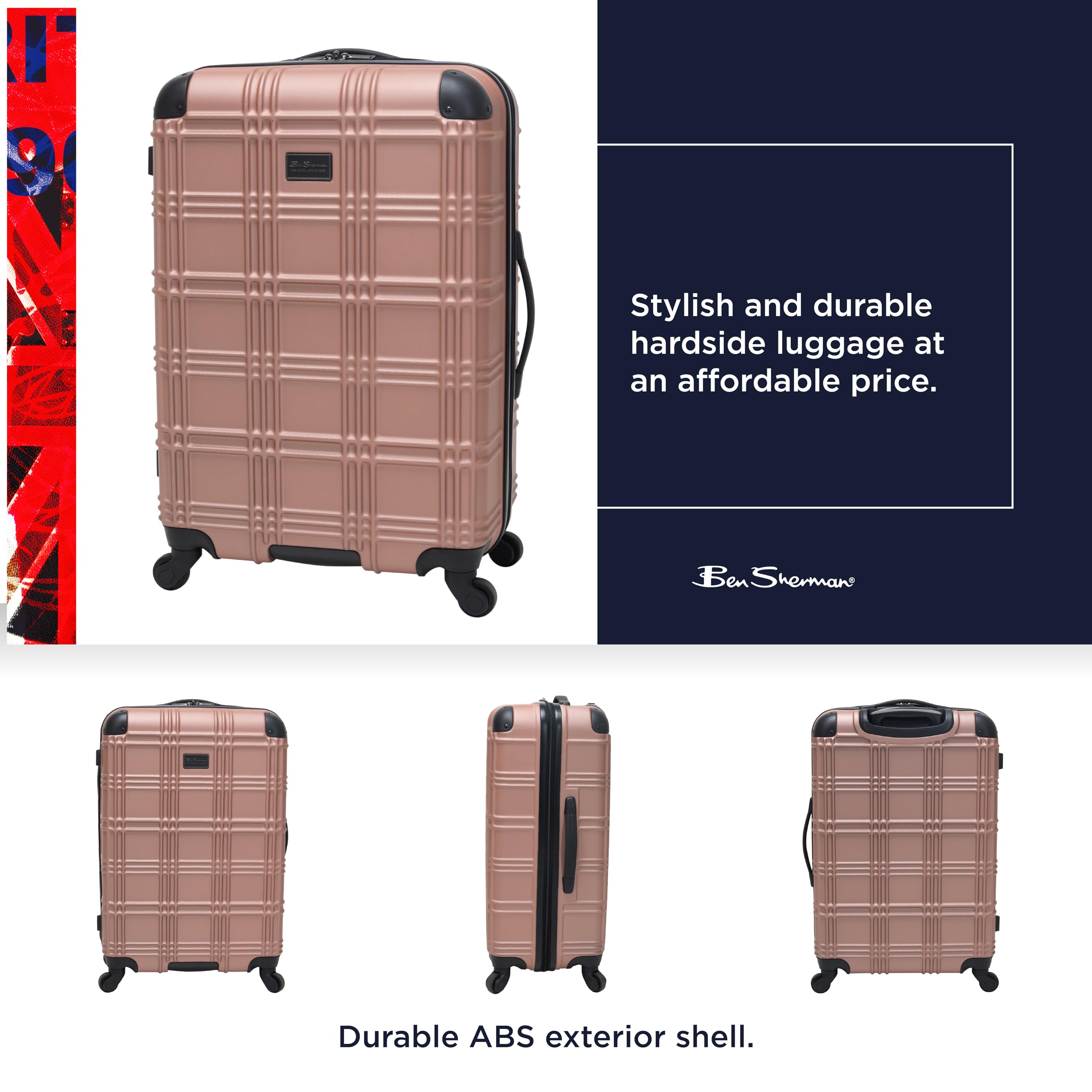 Ben Sherman Nottingham Lightweight Hardside 4-Wheel Spinner Travel Luggage, Rose Gold, 24-Inch Checked