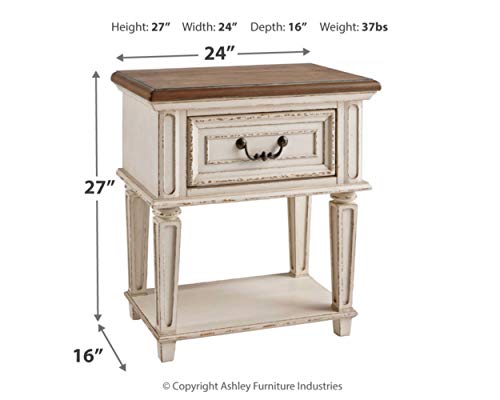 Signature Design by Ashley Realyn Traditional Cottage 1 Drawer Nightstand with Dovetail Construction & Open Display Shelf, Chipped White, 27" Tall, Distressed Brown
