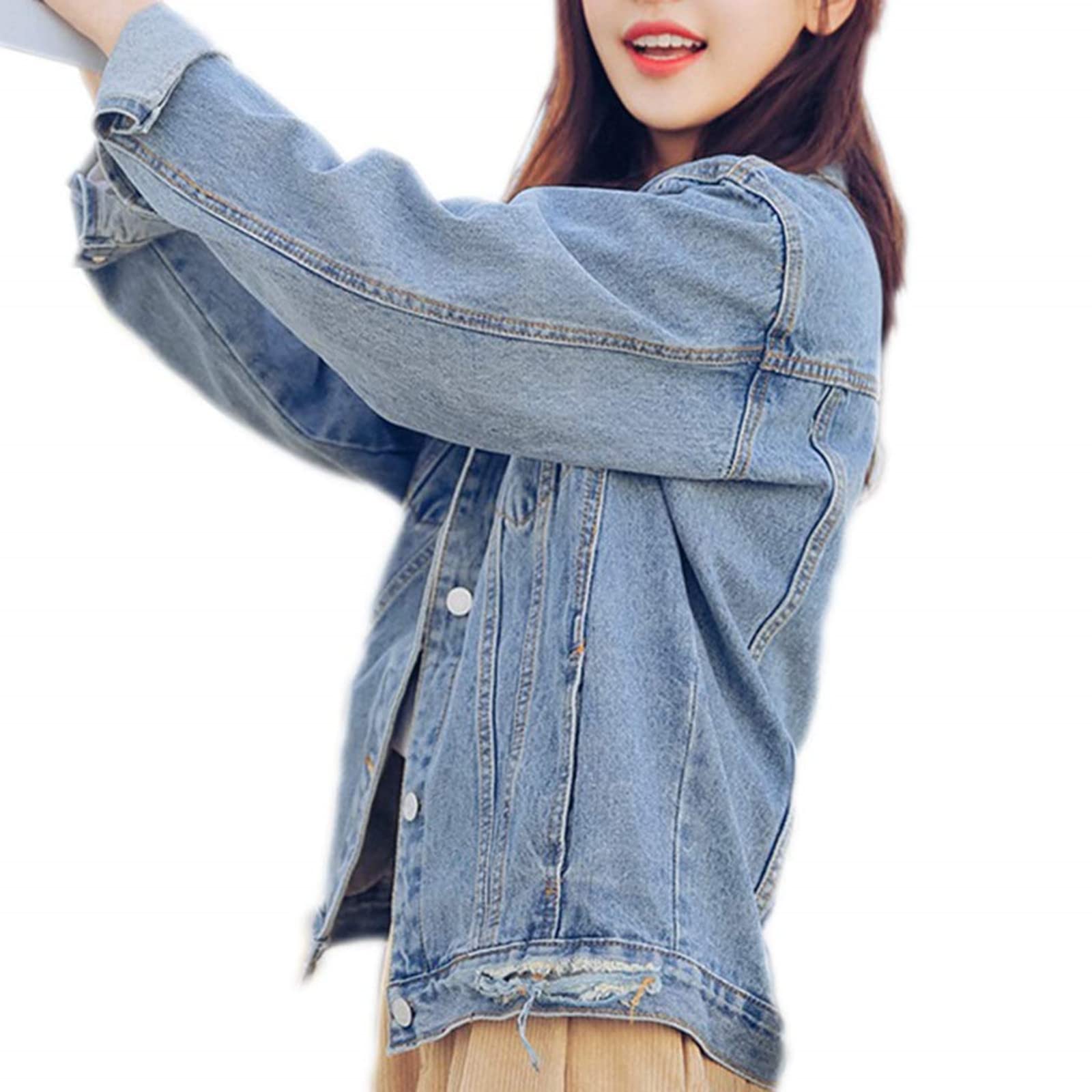 Saukiee Oversized Denim Jacket Distressed Boyfriend Jean Coat Jeans Trucker Jacket for Women Girls Lightblue M
