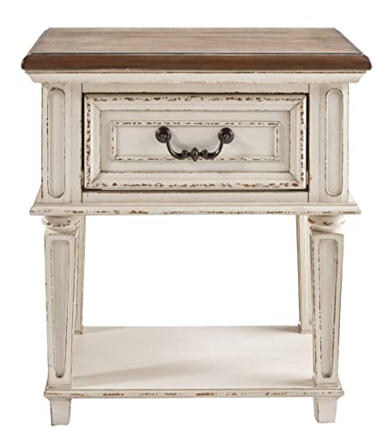 Signature Design by Ashley Realyn Traditional Cottage 1 Drawer Nightstand with Dovetail Construction & Open Display Shelf, Chipped White, 27" Tall, Distressed Brown