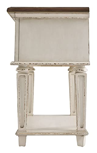 Signature Design by Ashley Realyn Traditional Cottage 1 Drawer Nightstand with Dovetail Construction & Open Display Shelf, Chipped White, 27" Tall, Distressed Brown
