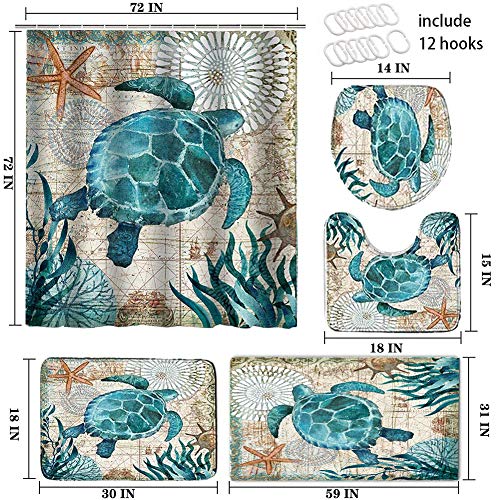 Nautical 5 Pcs Sea Turtle Shower Curtain Set with Rugs and Towels Include Non-Slip Rugs, Toilet Lid Cover and Bath Mat Ocean Waterproof Shower Curtain Sets with 12 Hooks