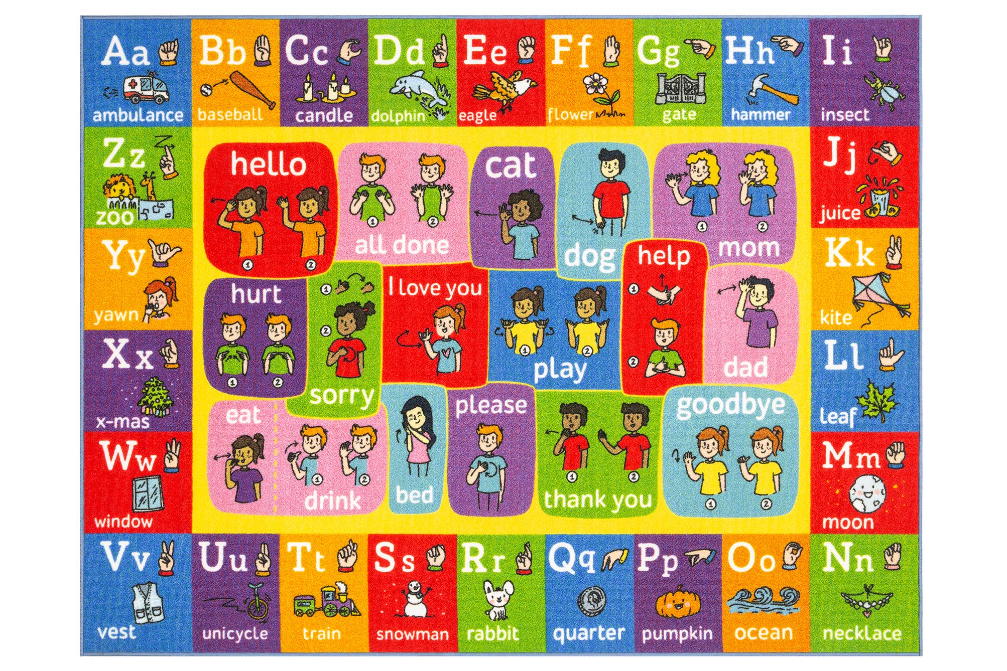 KC Cubs ABC Alphabet ASL Sign Language Educational Learning & Fun Game Play Area Non Slip Boy & Girl Kids Rug Carpet for Children Bedroom, Toddler Classroom & Baby Playroom Mat, 3' 3" x 4' 11"