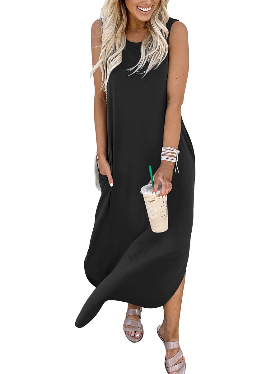 ANRABESS Women Casual Loose Sundress Sleeveless Split Maxi Long Beach Shirt Dress Travel Vacation 2025 Summer Outfits Black Medium