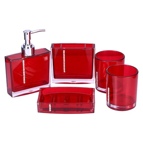 5PC Acrylic Bathroom Accessories Set Red Bath Ensemble Includes Emulsion Bottle Gargle Cup Toothbrush Holder Soap Dish for Home New Apartment Hotel,Toilet Brush Holder