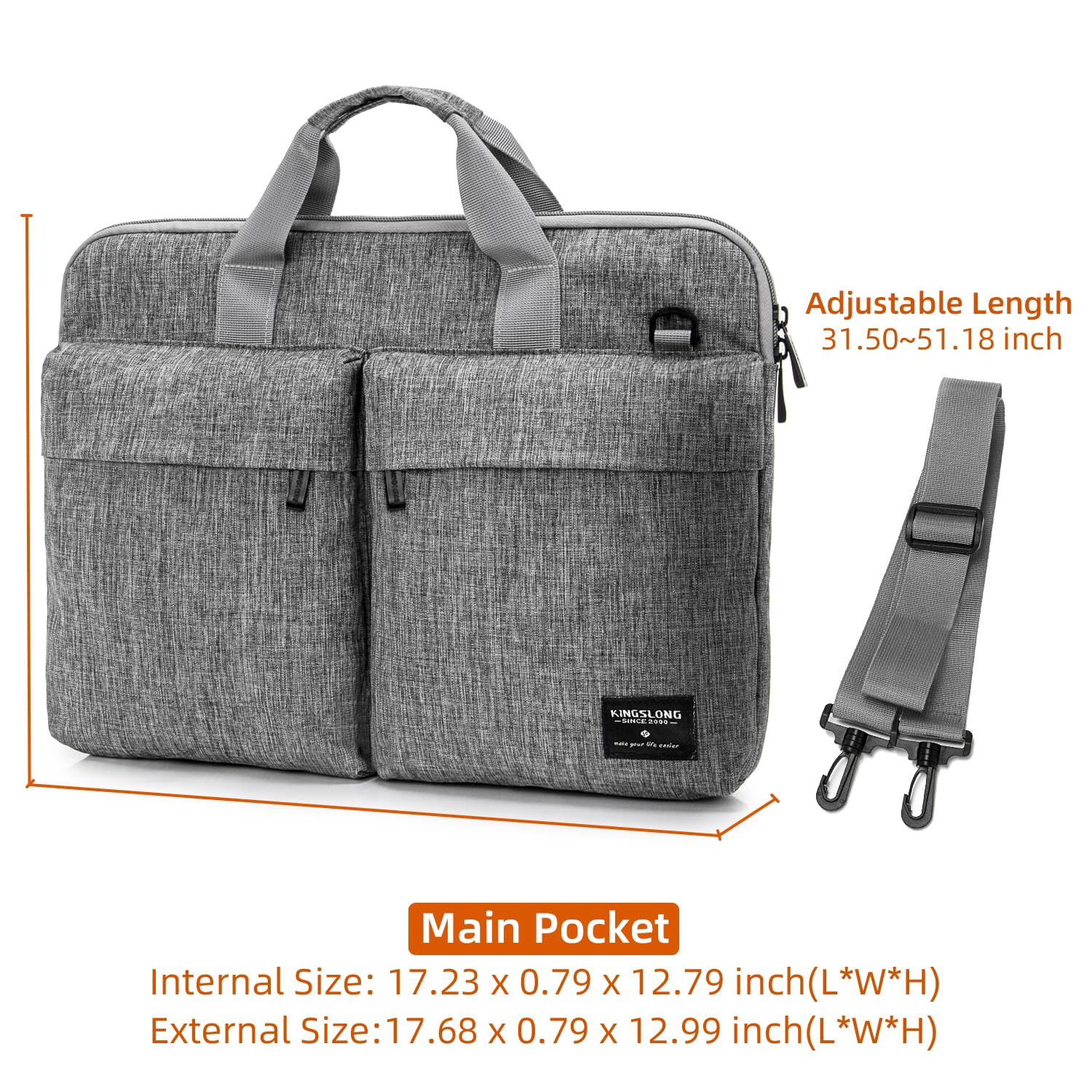 KINGSLONG Slim 17.3 inch Laptop Bag Sleeve Carrying Case with Shoulder Strap, Notebook Ultrabooks Computer Handbag Cover for Men Women Fit for Acer Asus Lenovo HP Toshiba Grey