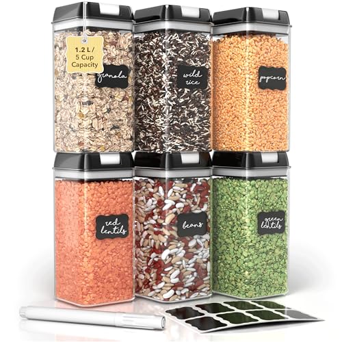 Simply Gourmet Food Storage Containers for Kitchen Organization - Pack of 6 (1.2L/5 Cups) BPA-Free Airtight Organizers for Flour, Sugar, Coffee & More - Includes Label & Marker
