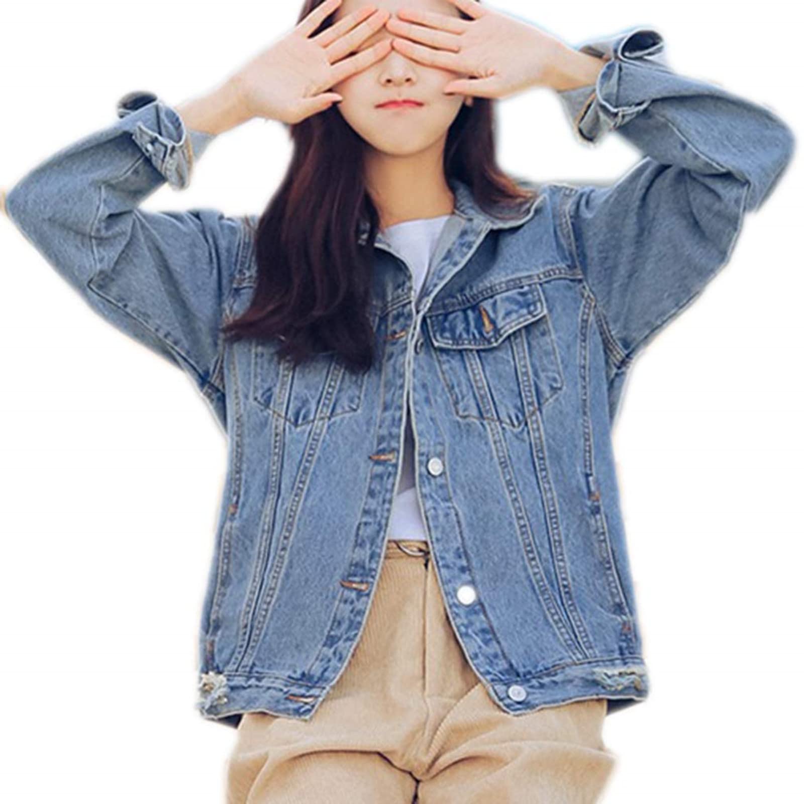 Saukiee Oversized Denim Jacket Distressed Boyfriend Jean Coat Jeans Trucker Jacket for Women Girls Lightblue M