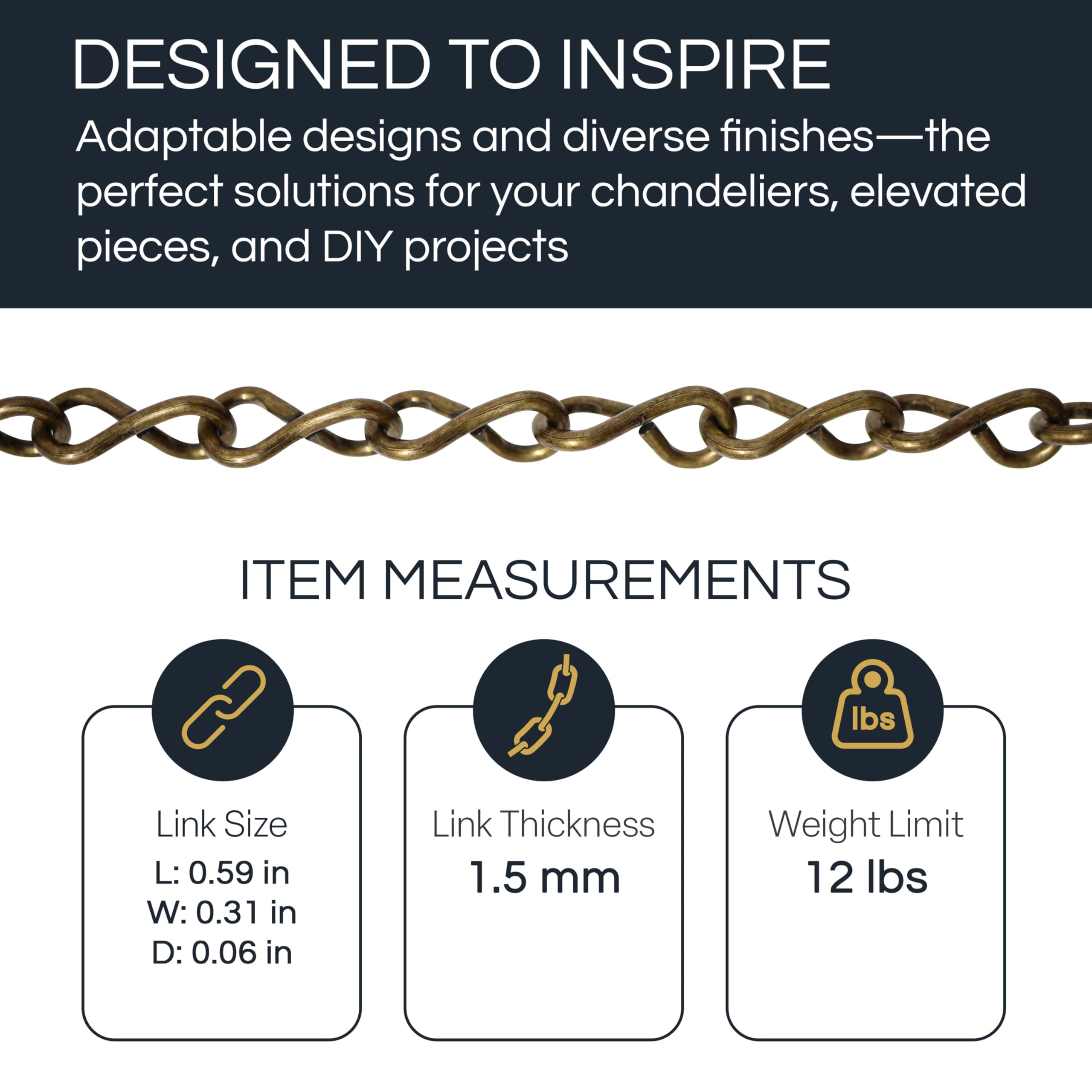 RCH Hardware CH-S50-16-BLK-10 |14 Gauge Decorative Solid Steel Single Jack Fixture Chain | 10 Foot Increments | Black Finish
