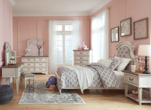 Signature Design by Ashley Realyn Traditional Cottage 1 Drawer Nightstand with Dovetail Construction & Open Display Shelf, Chipped White, 27" Tall, Distressed Brown