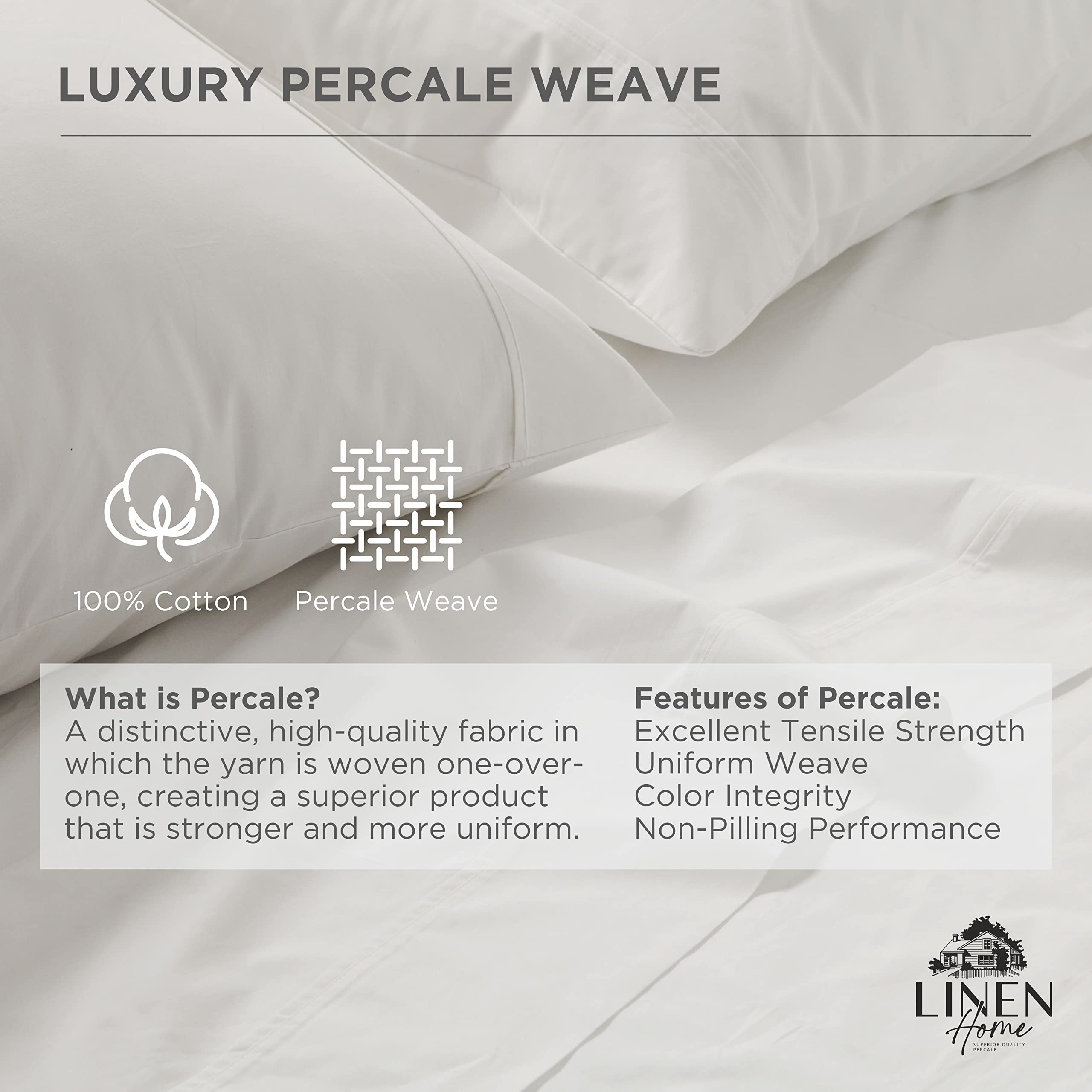 Linen Home 100% Cotton Percale Pillowcases Queen Size, White, 2 Pieces of Pillow Case, Crisp and Cool Strong Bed Linen, 20 inches X 30 inches