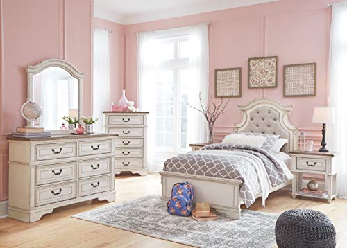 Signature Design by Ashley Realyn Traditional Cottage 1 Drawer Nightstand with Dovetail Construction & Open Display Shelf, Chipped White, 27" Tall, Distressed Brown
