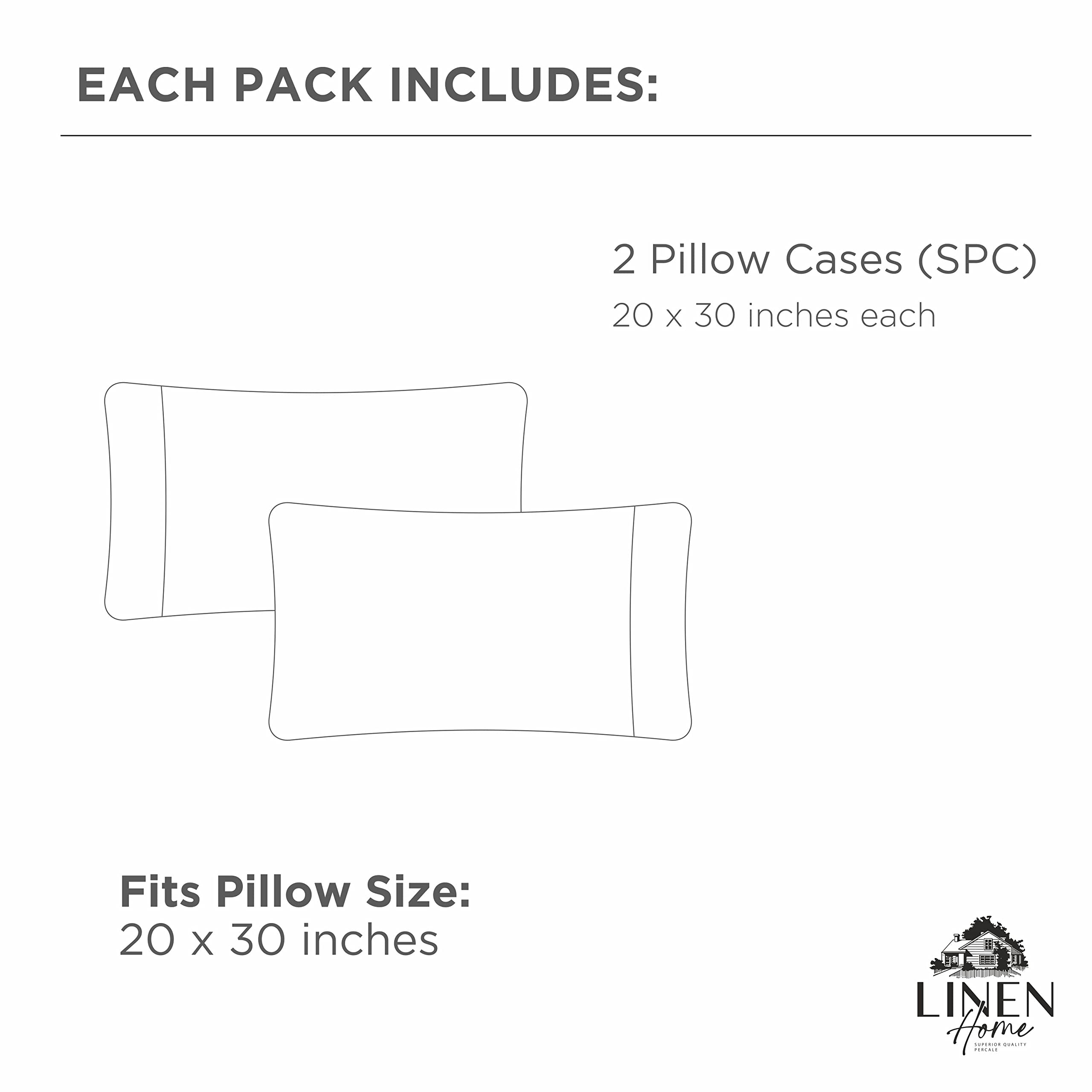 Linen Home 100% Cotton Percale Pillowcases Queen Size, White, 2 Pieces of Pillow Case, Crisp and Cool Strong Bed Linen, 20 inches X 30 inches