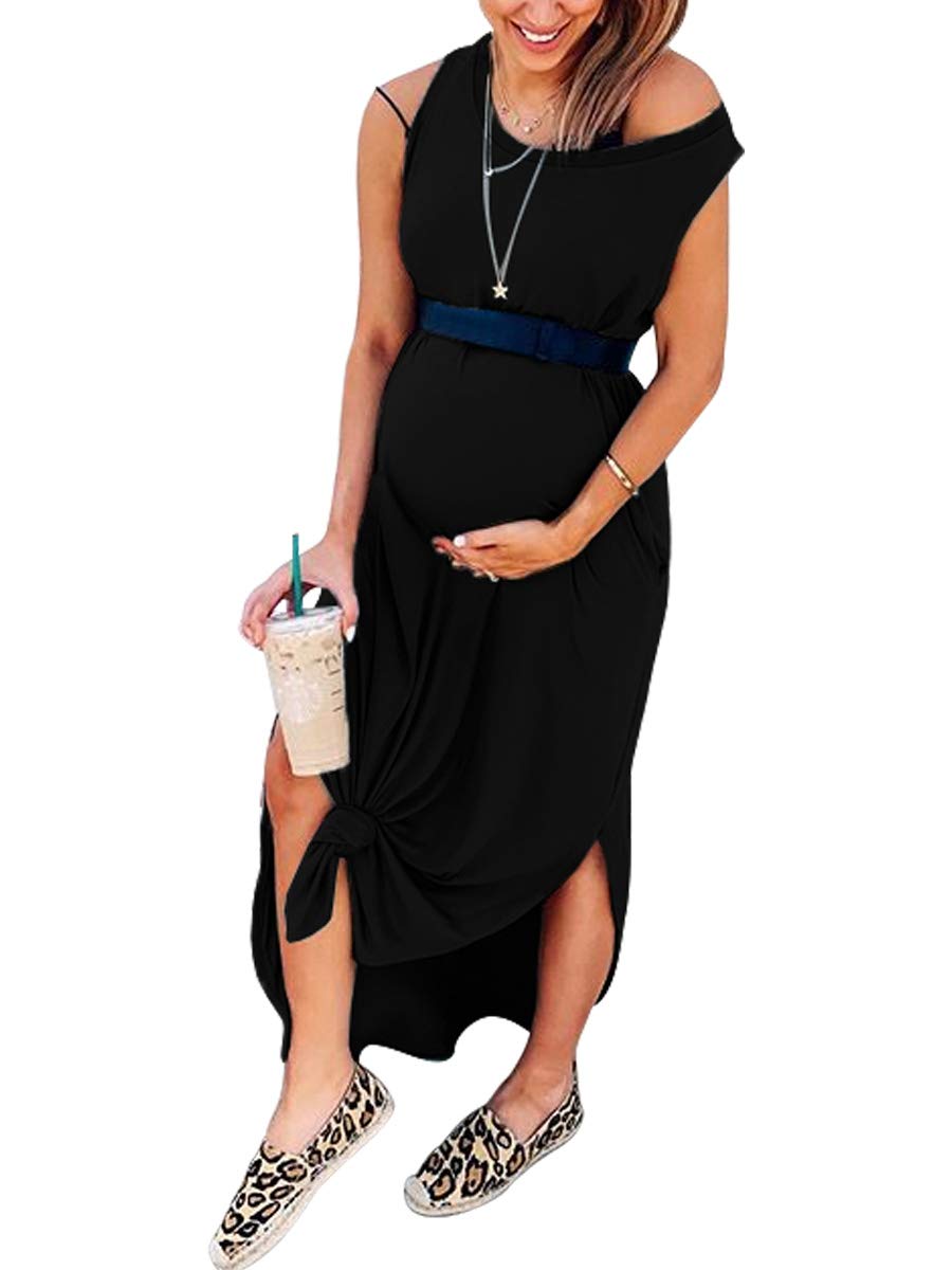 ANRABESS Women Casual Loose Sundress Sleeveless Split Maxi Long Beach Shirt Dress Travel Vacation 2025 Summer Outfits Black Medium