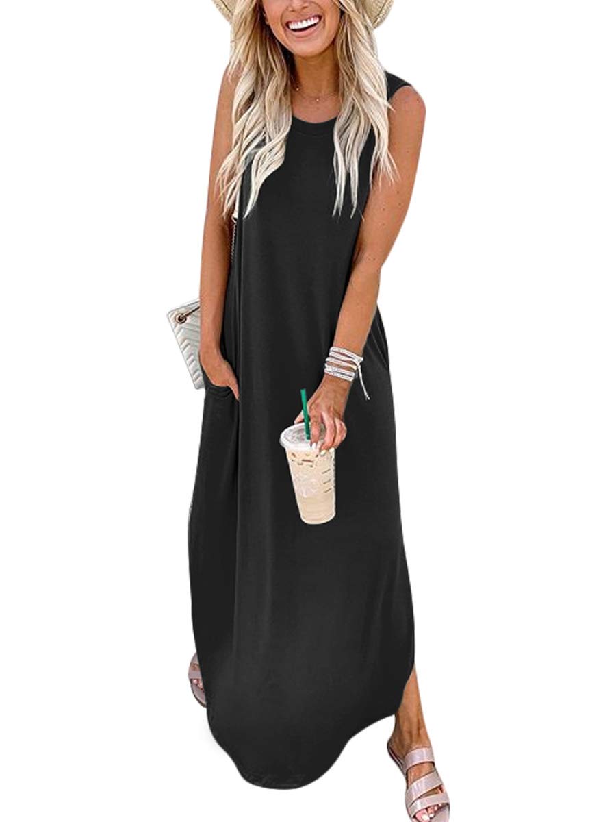 ANRABESS Women Casual Loose Sundress Sleeveless Split Maxi Long Beach Shirt Dress Travel Vacation 2025 Summer Outfits Black Medium