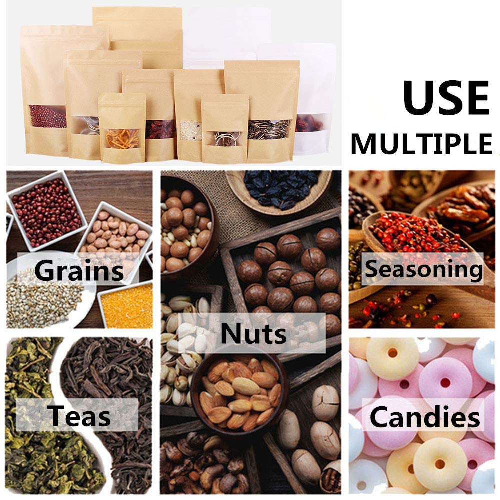 50 pcs Kraft Bags with Window Stand Up Ziplock Seal Paper Bag Resealable Large Food Storage Pouch 1oz 3.5×5.5in