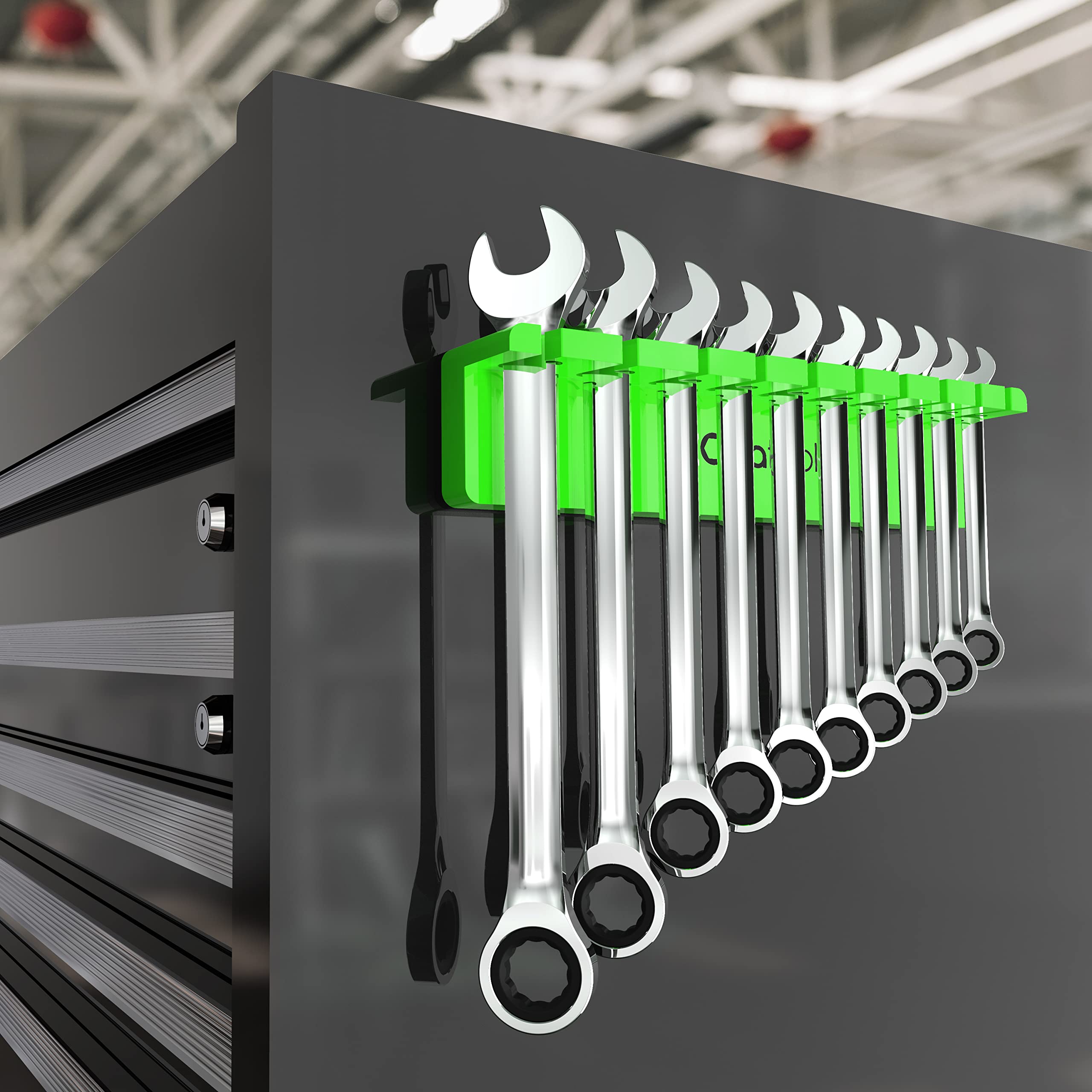 Olsa Tools Magnetic Wrench Holder Organizer (Green) Polypropylene | Fits SAE 3/8" Thru 15/16" & Metric 10mm Thru 19mm | Professional Grade