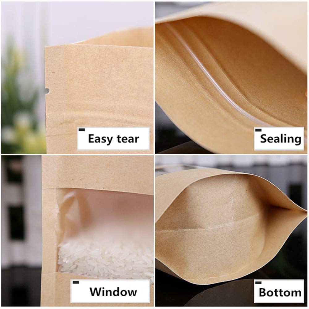 50 pcs Kraft Bags with Window Stand Up Ziplock Seal Paper Bag Resealable Large Food Storage Pouch 1oz 3.5×5.5in