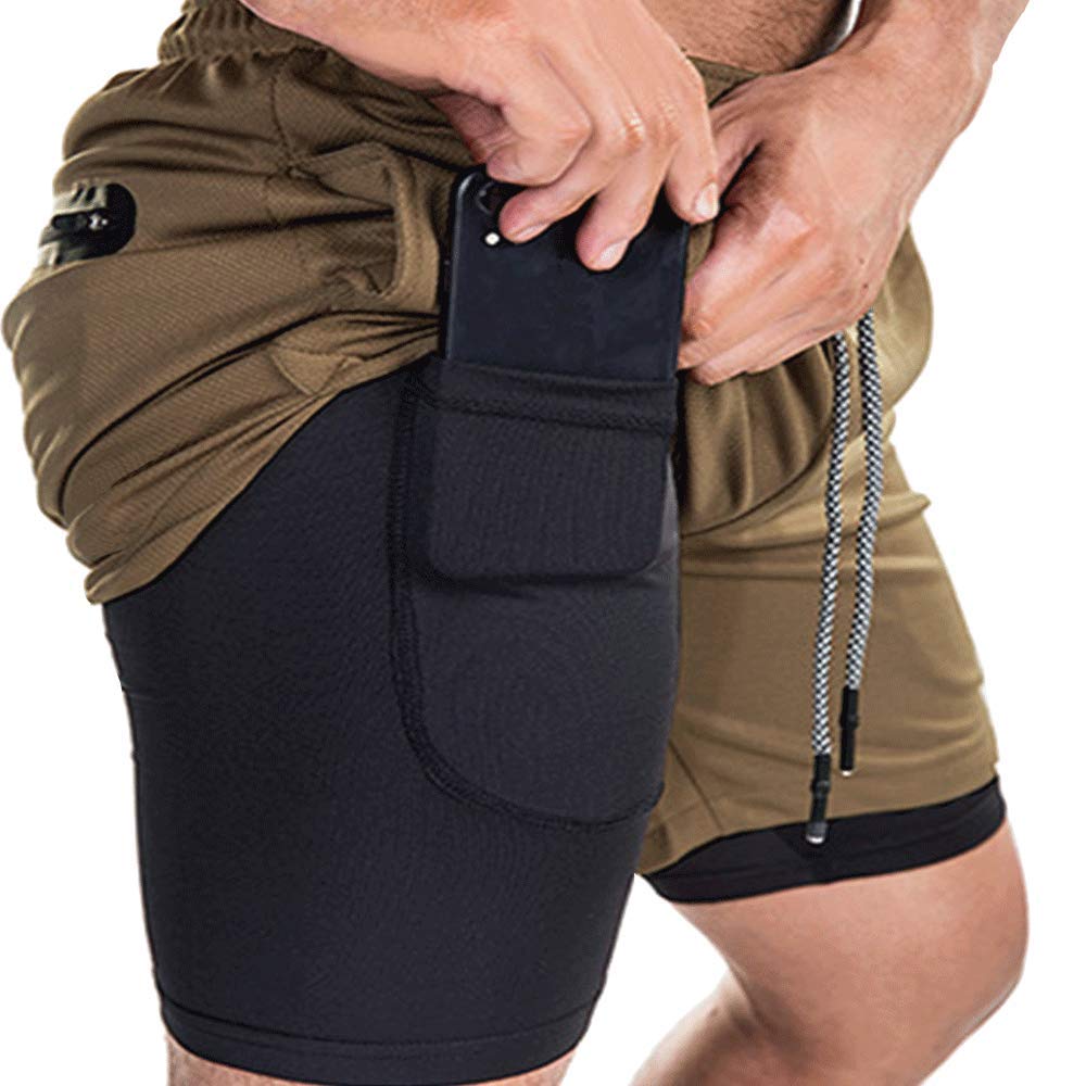 EVERWORTH Men's 2-in-1 Bodybuilding Workout Shorts Lightweight Gym Training Short Running Athletic Jogger with Zipper Pockets Brown XL Tag 3XL