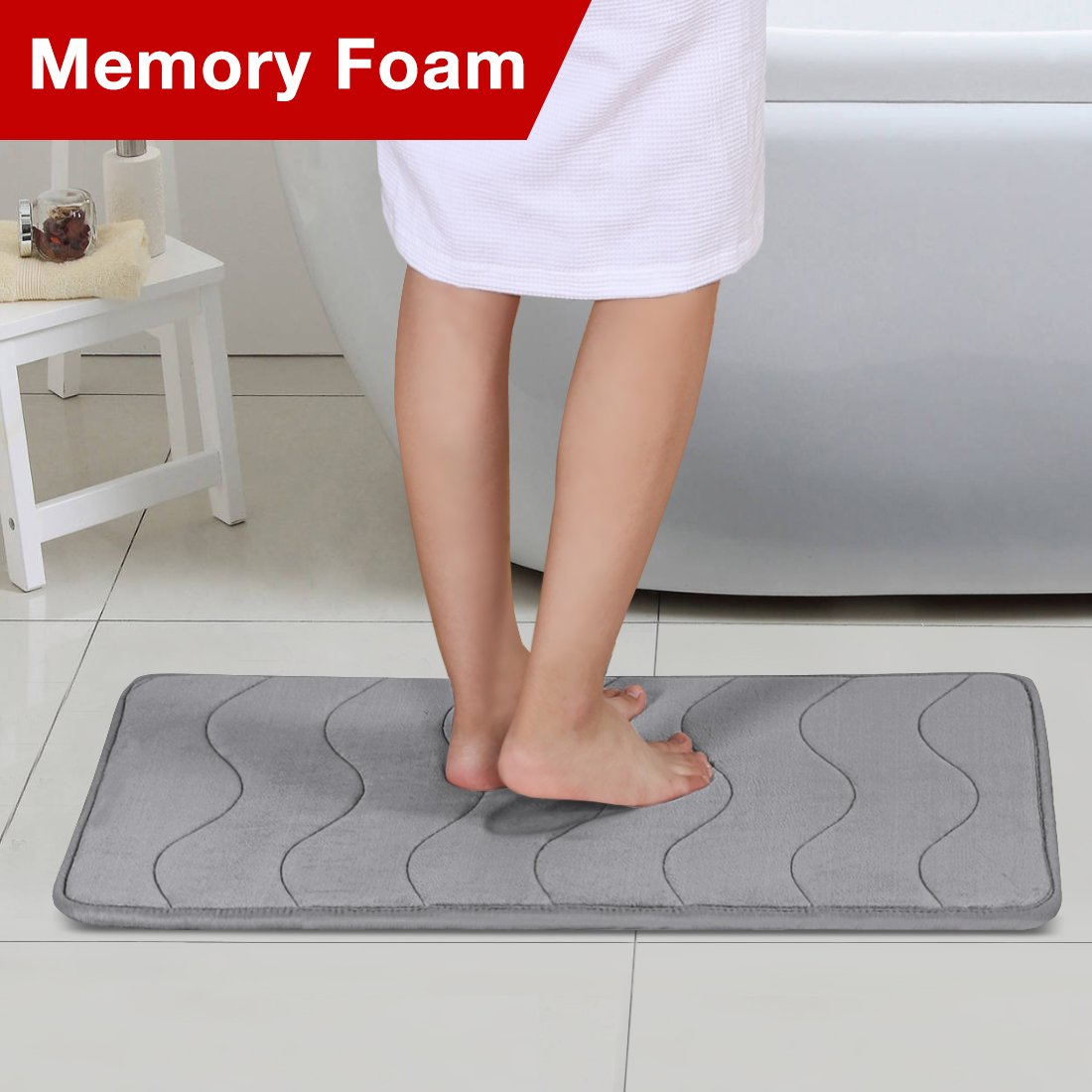 Flamingo P Memory Foam Bath Mat Rug for Bathroom Floor Non Slip Shower Rugs, 20x32,Grey