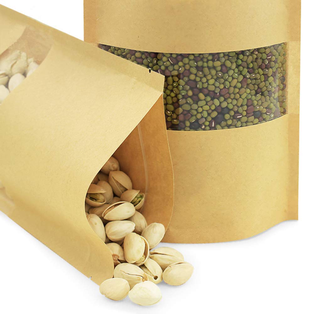 50 pcs Kraft Bags with Window Stand Up Ziplock Seal Paper Bag Resealable Large Food Storage Pouch 1oz 3.5×5.5in