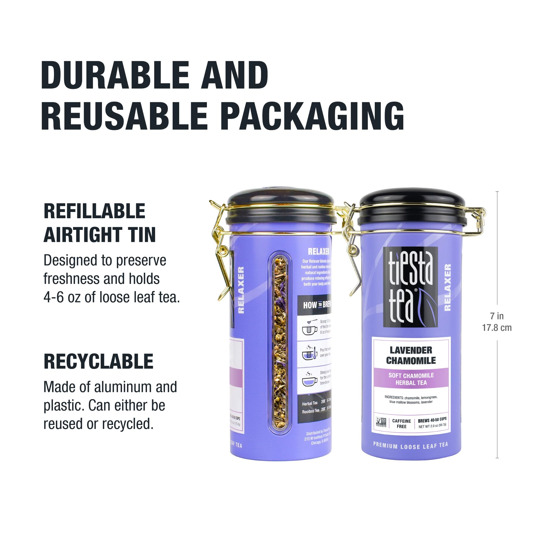 Tiesta Tea - Lavender Chamomile | Loose Leaf | Soft Chamomile Herbal Tea | Premium Non-Caffeinated Blend | Make Hot or Iced & Brews Up to 250 Cups | 8oz Bulk Pouch & 2oz Refillable Tin Combo