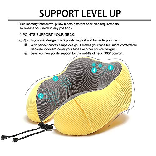 Travel Pillow Memory Foam with 360-Degree Head Support Comfortable Neck Pillow with Storage Bag Lightweight Traveling Pillow for Airplane, Car, Train, Bus and Home Use (Yellow)