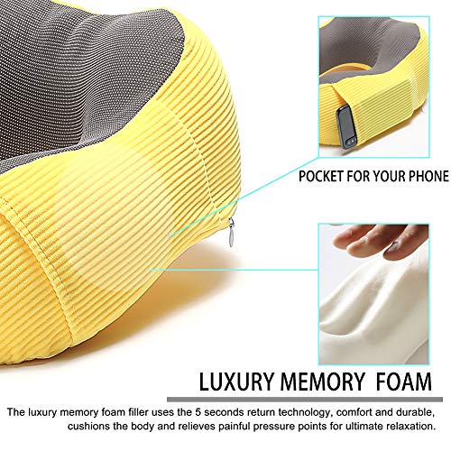 Travel Pillow Memory Foam with 360-Degree Head Support Comfortable Neck Pillow with Storage Bag Lightweight Traveling Pillow for Airplane, Car, Train, Bus and Home Use (Yellow)