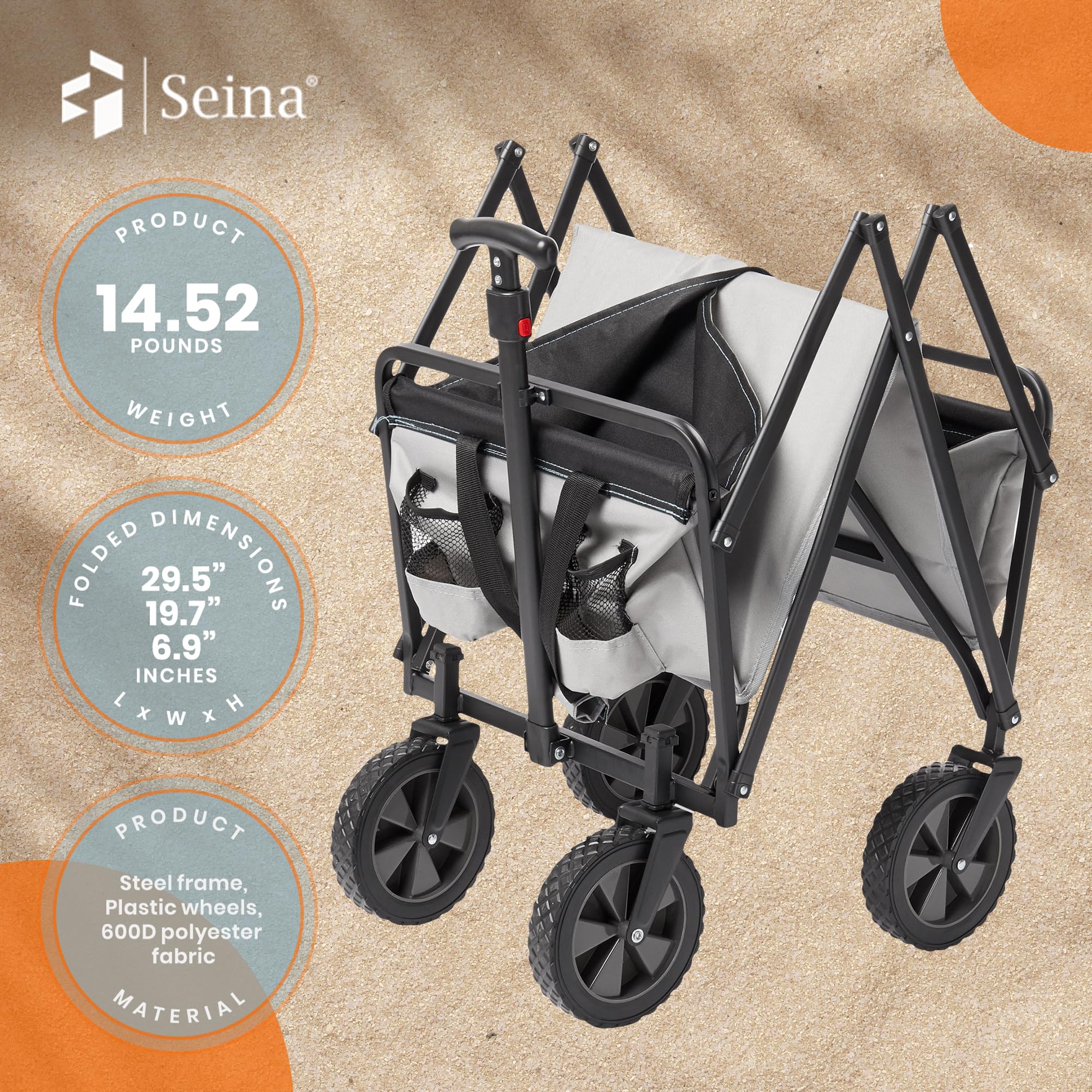Seina Heavy Duty Steel Compact Collapsible Folding Outdoor Portable Utility Cart Wagon w/All Terrain Rubber Wheels and 150 Pound Capacity, Gray/Black
