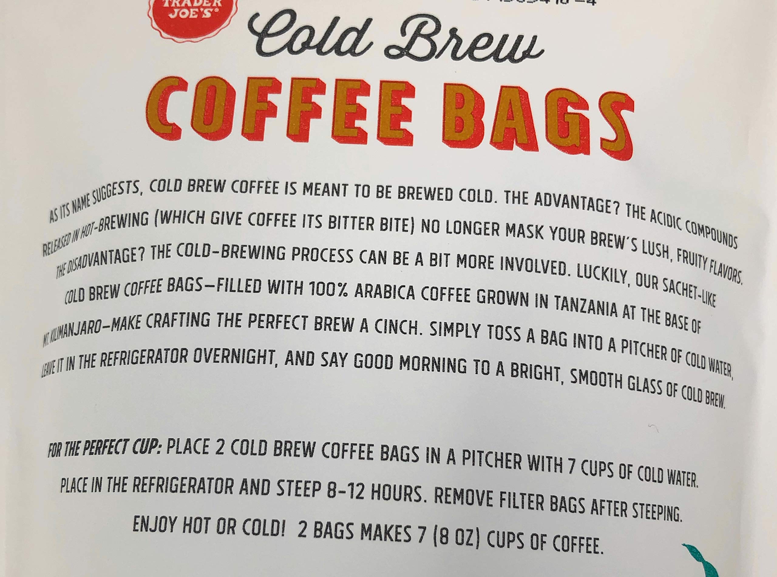 Trader Joes Cold Brew Coffee Bags - 12 Coffee Bags Total - 100% Arabica Coffee, Kilimanjaro Single Origin, Medium Roast