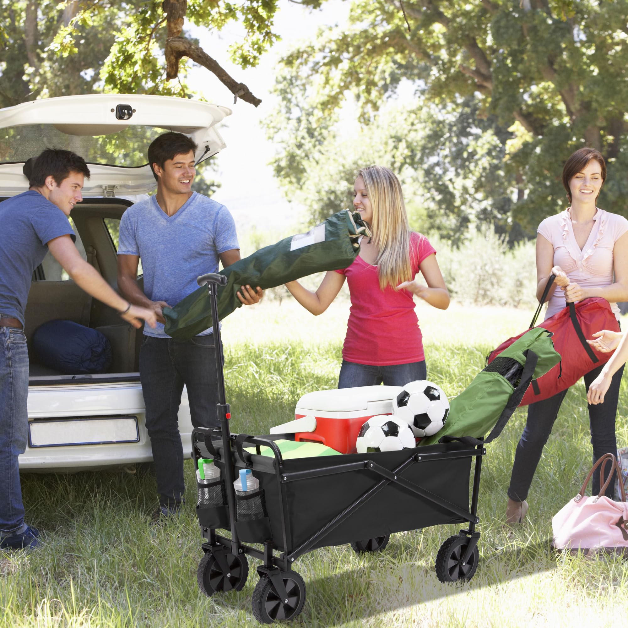 Seina Heavy Duty Steel Compact Collapsible Folding Outdoor Portable Utility Cart Wagon w/All Terrain Rubber Wheels and 150 Pound Capacity, Gray/Black